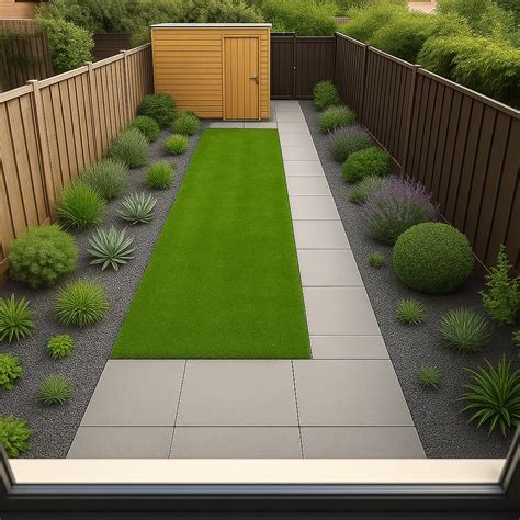 Moderne Onderhoudsarme Tuin Voor Smalle Ruimtes Strak Tuinontwerp Met Grasveld En Tegelpad