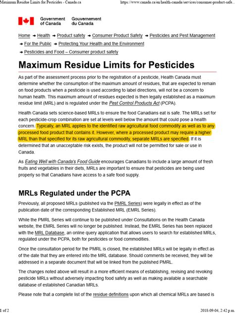 Maximum Residue Limits For Pesticides Canada Download Free Pdf Pesticide Agriculture