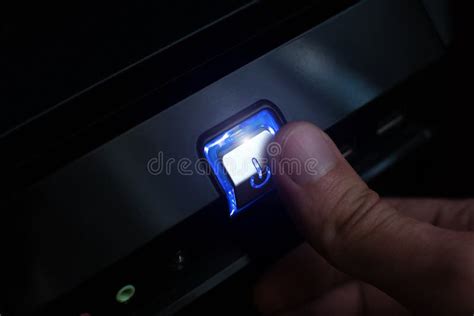 Close Up Macro Shot Of The Press The Power Button On Computer Turn On Or Off Pc Stock Image