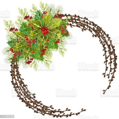 수채화 크리스마스 꽃 화환입니다 손으로 그린 호랑 가시 나무 상록 나무 빨간 열매 흰색에 고립 된 잎 초대 카드를 디자인합니다 0명에 대한 스톡 벡터 아트 및 기타 이미지