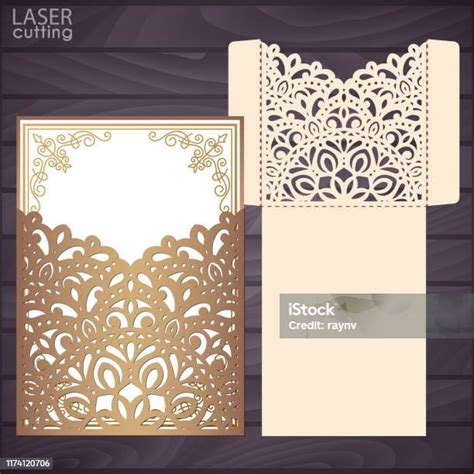 다이 레이저 컷 결혼식 초대장 카드 템플릿 벡터 추상 적인 장식과 결혼식 초대장 또는 인사말 포켓 봉투 카드를 엽니다 인사말