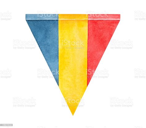 루마니아의 삼색 플래그의 물 색 그림 하나의 단일 오브젝트 삼각형 모양입니다 손으로 그린 수채화 스케치 드로잉 디자인 장식
