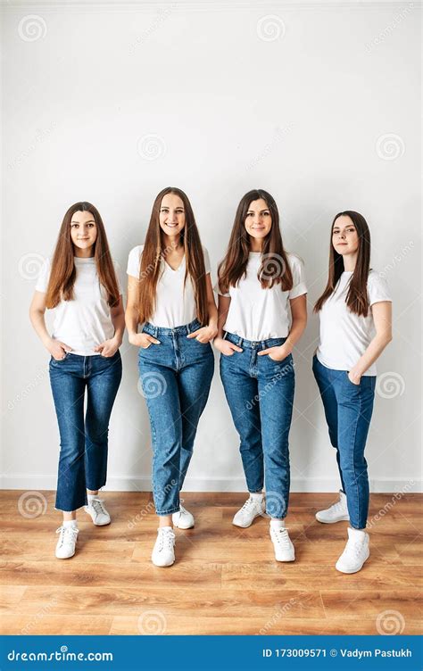 Group Of Young Girls In Casual Wear In Studio Stock Image Image Of