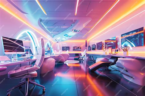 Futuristic Office Interior With Neon Lights Premium Ai Generated Image