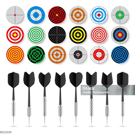 다트 화살표와 그림자가 있는 종이 대상 사격장 라운드 타겟 사단 마크 및 숫자 총기 사격 연습 및 훈련 스포츠 경기 과녁과 조준 벡터 그림 가리키기에 대한 스톡 벡터 아트
