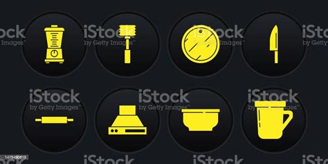 롤링 핀 나이프 주방 추출기 팬 그릇 도마 망치 커피 컵 및 블렌더 아이콘을 설정합니다 벡터 검은색에 대한 스톡 벡터 아트 및 기타 이미지 Istock