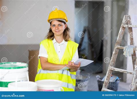 Woman Construction Worker With Project Documentation Stock Image Image Of Woman Girl 260396175