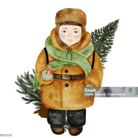 아이와 상록수와 함께 수채화 크리스마스 카드입니다 손으로 그린 소년 상록수 흰색 배경에 새해와 크리스마스를 위한 완벽한 빈티지 엽서 어린이 일러스트 12월에 대한 스톡 벡터