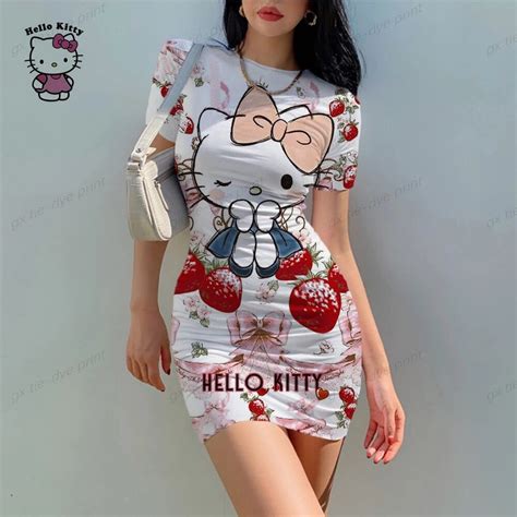Hello Kitty Print Woman Dresses Elegant Dress Office Tight Slim Lady O