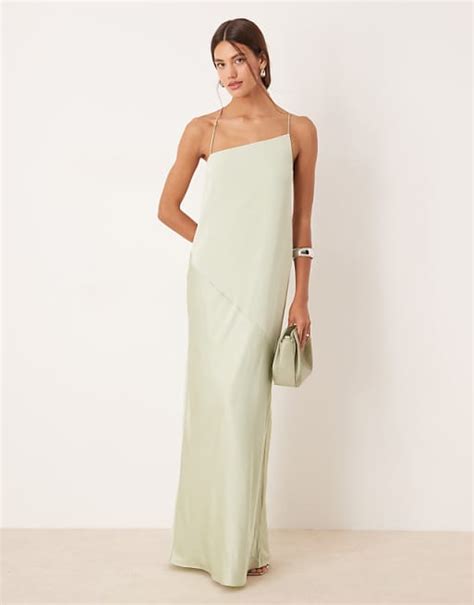 Asos Design Drapiertes Maxi Trägerkleid Aus Satin Und Chiffon In Salbeigrün Asos