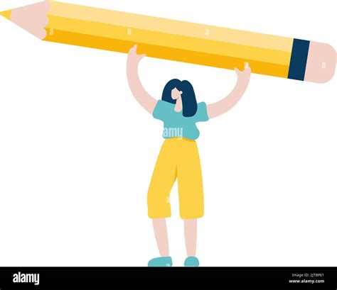 Tiny Woman Holding Big Yellow Pencil Over Her Head Concept Of Search