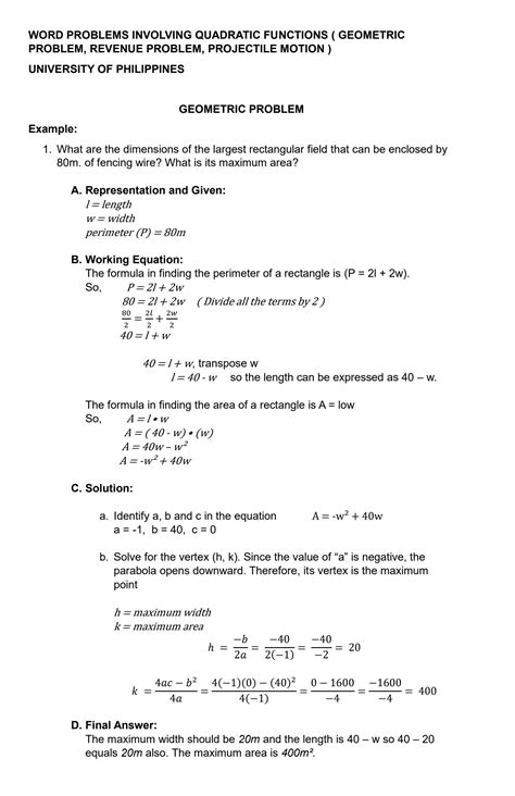 solution mathematics word problems involving quadratic functions