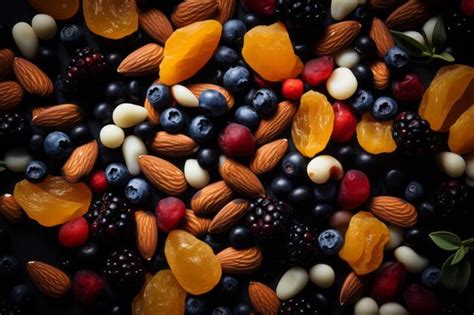 Premium AI Image | an assortment of fruits and nuts on a black background