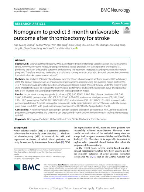 Pdf Nomogram To Predict 3 Month Unfavorable Outcome After Thrombectomy For Stroke