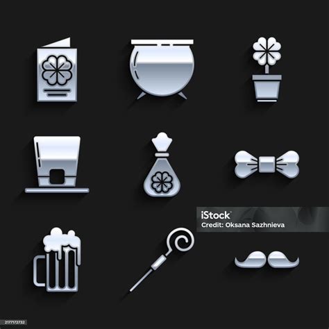 네 잎 클로버 지팡이 콧수염 나비 넥타이 나무 맥주 잔 레프리콘 모자 네 개의 냄비 및 성 패트릭 데이 전단지 브로셔 엽서