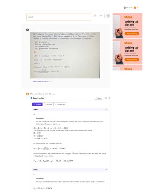 screencapture chegg homework help questions and answers q1 balanced three phase y load powered