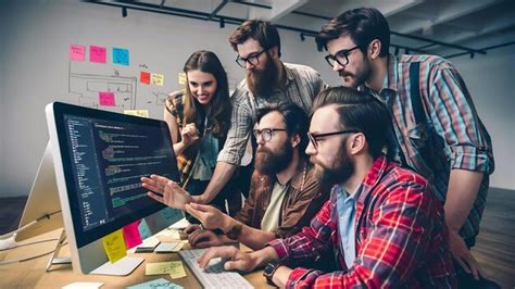 Hipster Programming Team Analyzing Code Of Website Premium Ai