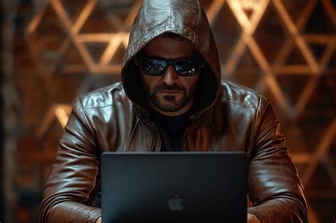A Mysterious Hacker In A Leather Jacket And Sunglasses Embodies The Essence Of Cyberpunk