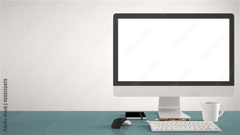 Desktop Mockup Template Computer On Blue Pantone Colored Work Desk With Blank Screen Keyboard