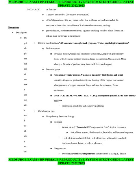 Medsurge Exam BP Female Reproductive System Study Guide Exams Nursing Docsity