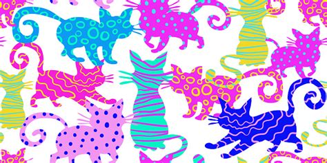 밝은 완벽 한 패턴과 다채로운 추상 고양이 실루엣 흰색 배경에 장난기 넘치는 예술적 질감 기발한 현대 섬유 및 표면 디자인