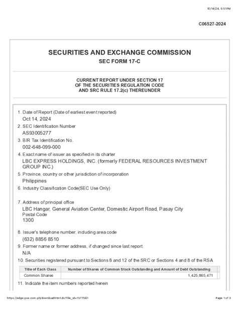 Fillable Online Current Report Under Section 17 Of The Securities