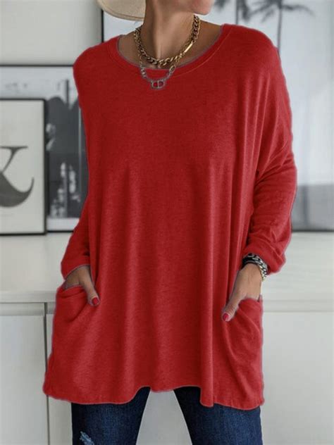 Long Collar Sleeves Loose Pockets Solid Color T Shirt Casual Casual