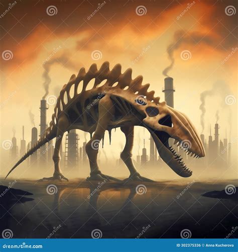 Fossil Fuels Concept Dinosaur Skeleton Amidst A Smog Filled Industrial