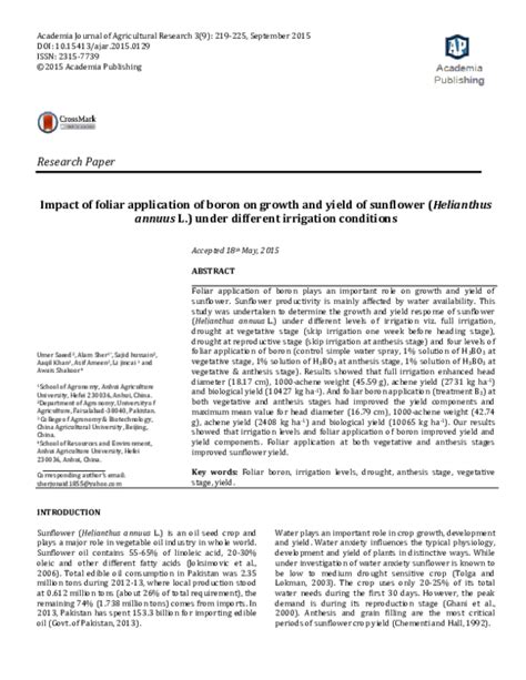 Pdf Impact Of Foliar Application Of Boron On Growth And Yield Of