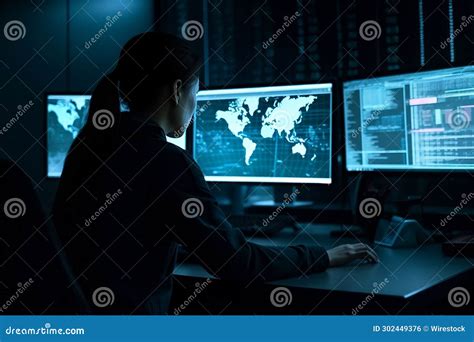 Female Programmer Working In Front Of Multiple Screens At Night Ai