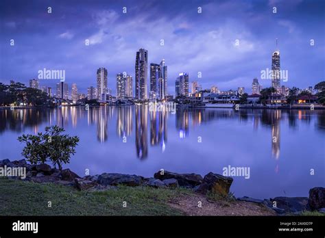 Surfers Paradise City Skyline On Dusk With Perfect Reflection On Water
