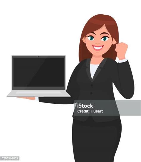 새로운 브랜드 노트북을 들고 제기 손 주먹 제스처를 보여주는 젊은 사업가 성공 사인을 만드는 사람 여성 캐릭터 디자인 일러스트 벡터 만화의 기술 가젯 개념입니다 공란에 대한
