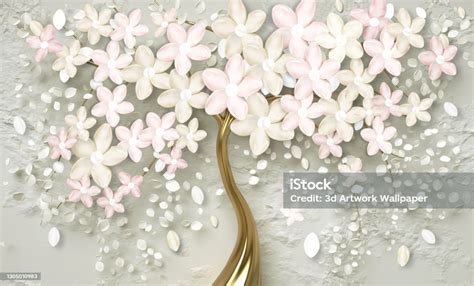 벽에 대한 3d 일러스트 배경 화면 황금 줄기와 꽃 벽화 나무 추상적인 꽃 배경 벽화에 대한 스톡 사진 및 기타 이미지 벽화