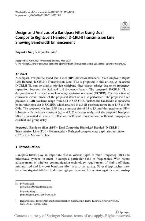 Design And Analysis Of A Bandpass Filter Using Dual Composite Right Left Handed D Crlh
