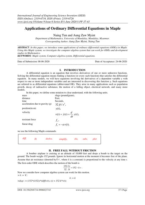 Pdf Applications Of Ordinary Differential Equations In Maple