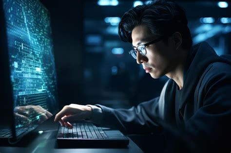 Code Asian Man And Reflection In Glasses Focus And Programming For