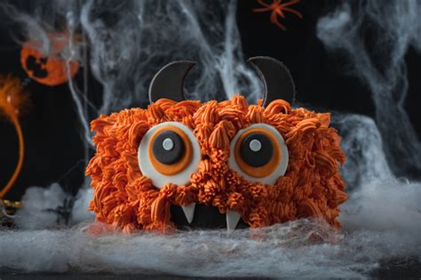 검은 유령 배경에 괴물 테마 케이크 거미줄에 거미로 둘러싸인 오렌지 푹신한 크림 치즈 서리가 내린 할로윈 케이크 거미에 대한 스톡 사진 및 기타 이미지 Istock