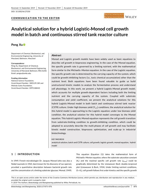 Pdf Analytical Solution For A Hybrid Logistic‐monod Cell Growth Model In Batch And Cstr Culture