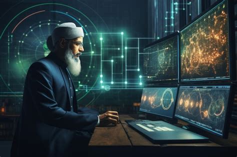 Premium Ai Image Muslim Businessman Using Floating Data Visualization Screen