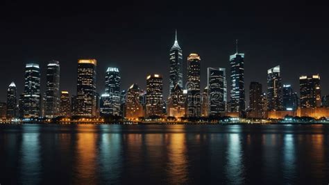 Illuminated City Skyline Reflecting On Calm River At Night With Clear