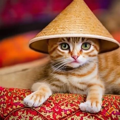 Cute Orange Tabby Kitten Wearing A Traditional Vietnamese Rice Hat On
