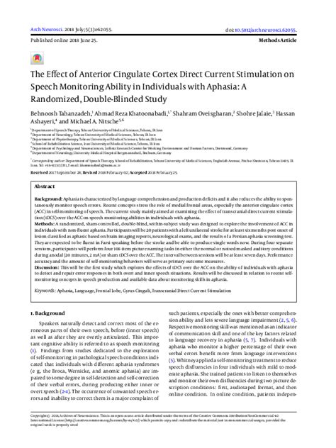 Pdf The Effect Of Anterior Cingulate Cortex Direct Current Stimulation On Speech Monitoring