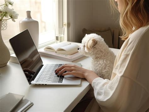 Premium Photo Caucasian Woman Using Laptop Typing On Keyboard While