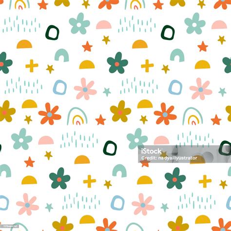 다른 손으로 그린 요소와 귀여운 심플 한 패턴 스칸디나비아 스타일의 장식 꽃원활한 패턴 아이 직물 섬유 보육 벽지에 적합합니다 여름에 대한 스톡 벡터 아트 및 기타 이미지