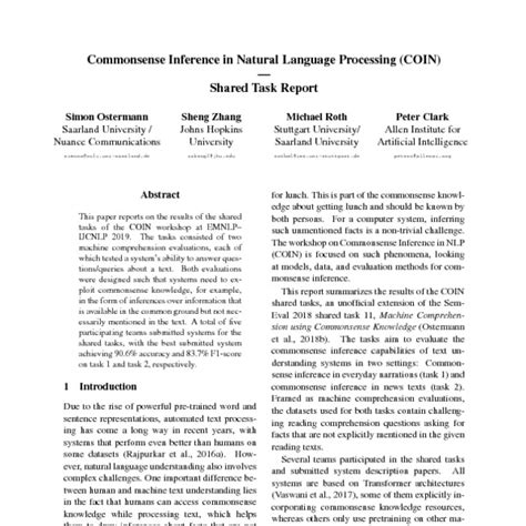 Commonsense Inference In Natural Language Processing Coin Shared Task Report Acl Anthology