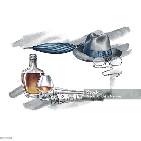 남자를 위한 엽서 남성 소품을 사용한 프레임 수제 수채화 그림 가로 템플릿의 컬러 이미지입니다 모든 남성의 날 또는 아버지의 날을 축하하기 위해 0명에 대한 스톡 벡터 아트
