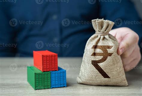 Shipping Containers And Indian Rupee Money Bag Economic Growth
