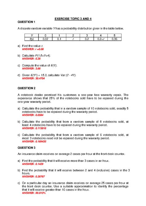 Exercise Topic 3 AND 4 Tuto For Test 2 EXERCISE TOPIC 3 AND 4 QUESTION 1 A Discrete Random