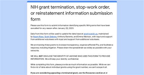 Cancelled Nih Grant Information Submission Form Laurie Silverberg Phd