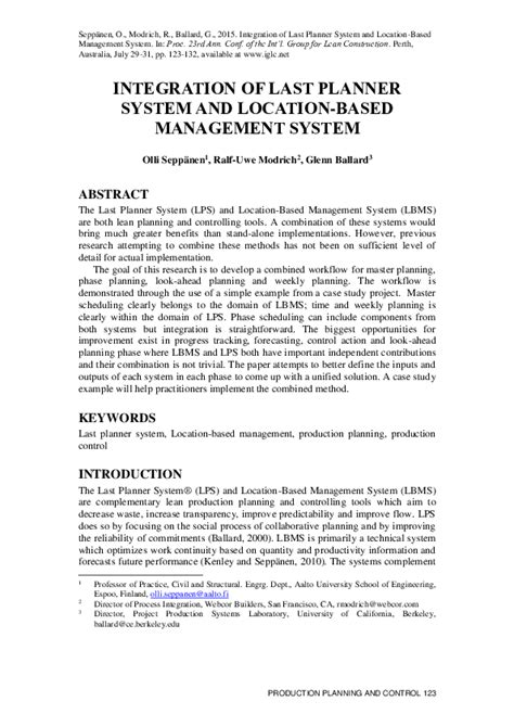 Pdf Integration Of Last Planner System And Location Based Management System